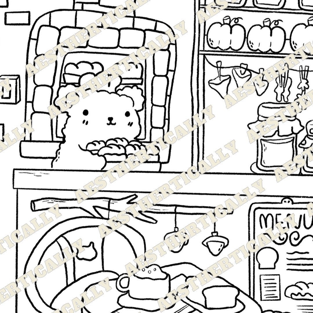 Adult Coloring Page : Cozy Bear Cafe - Etsy