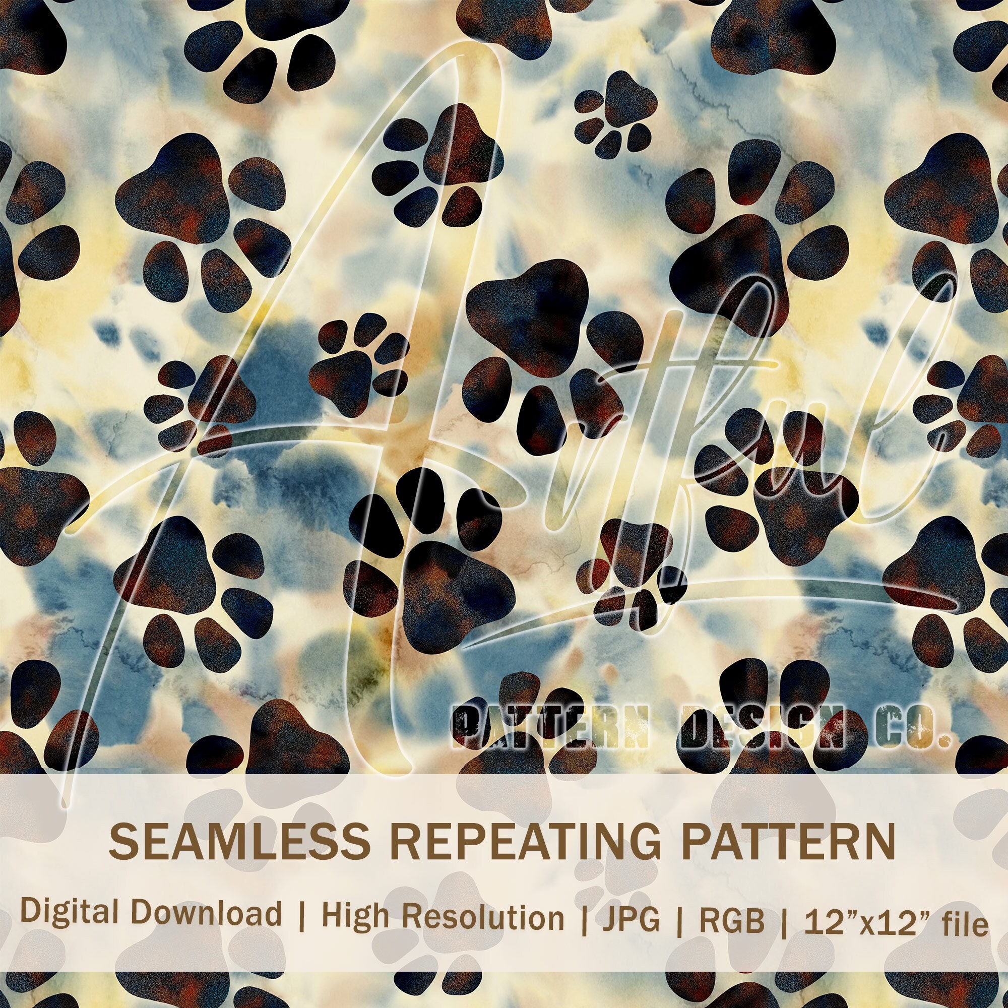 Dog Digital Paper, Paw Print, Watercolor Digital Illustration, Seamless ...