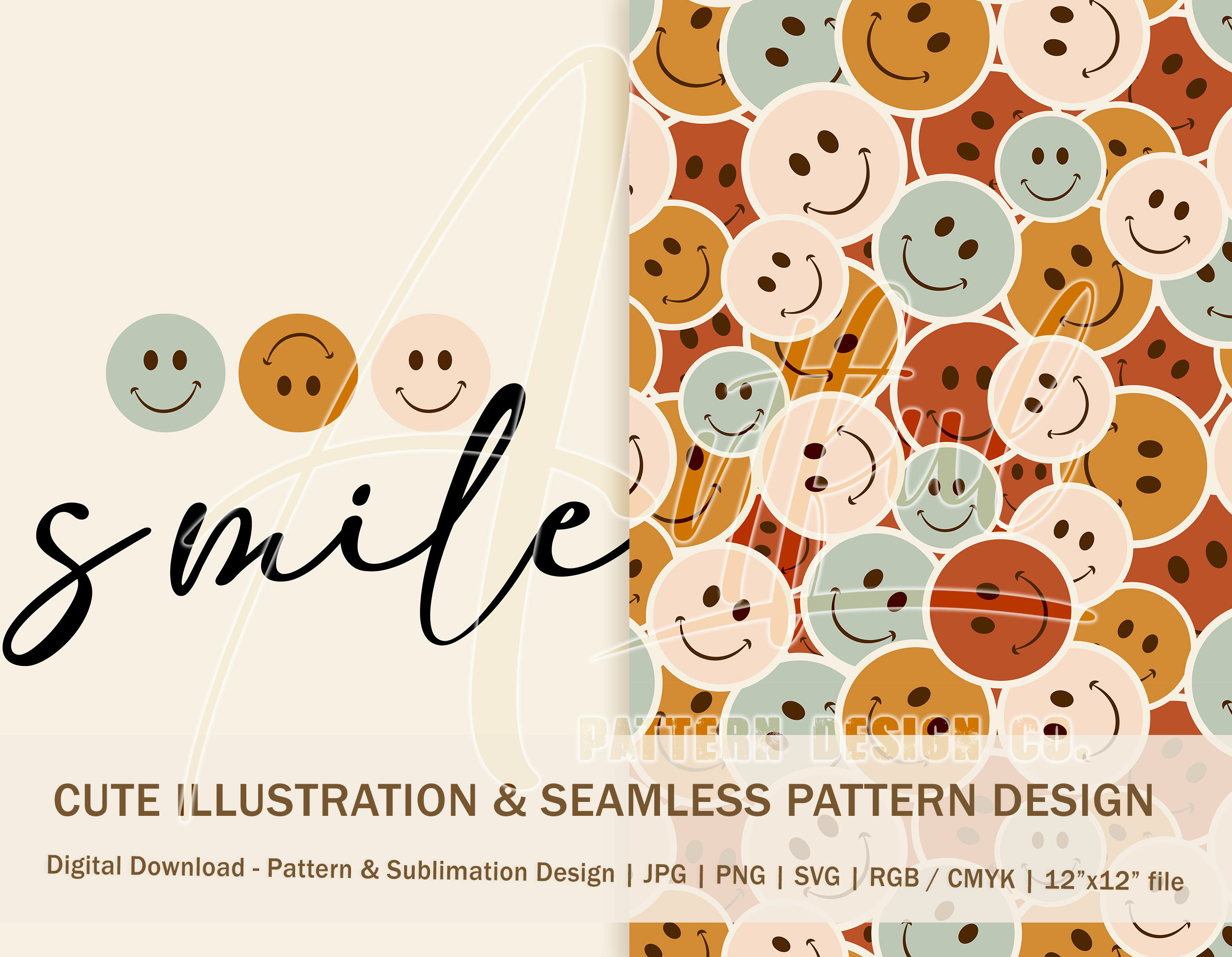 GROOVY RETRO, Retro Happy Face Seamless Pattern, Smile Face Retro ...