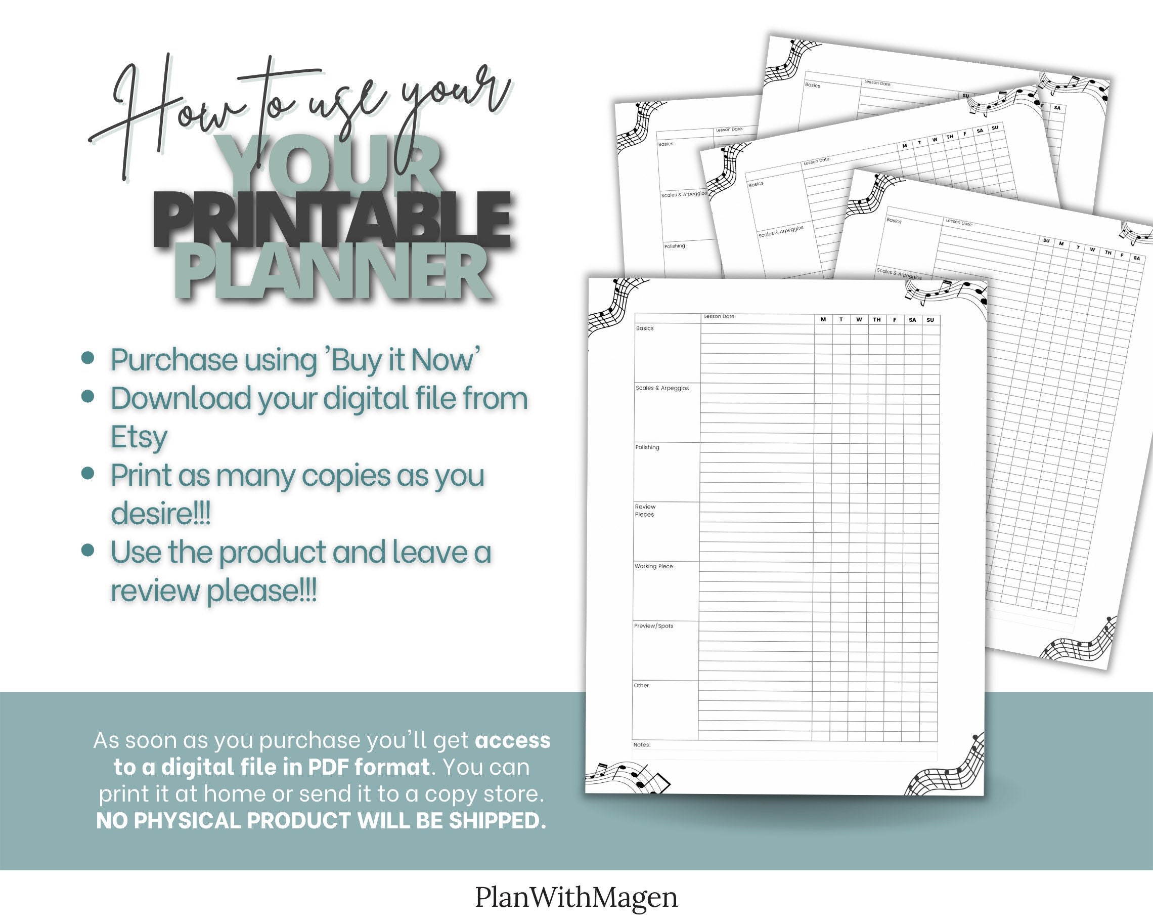 Music Practice Tracker | Printable Music Lesson Planner | Piano Violin ...