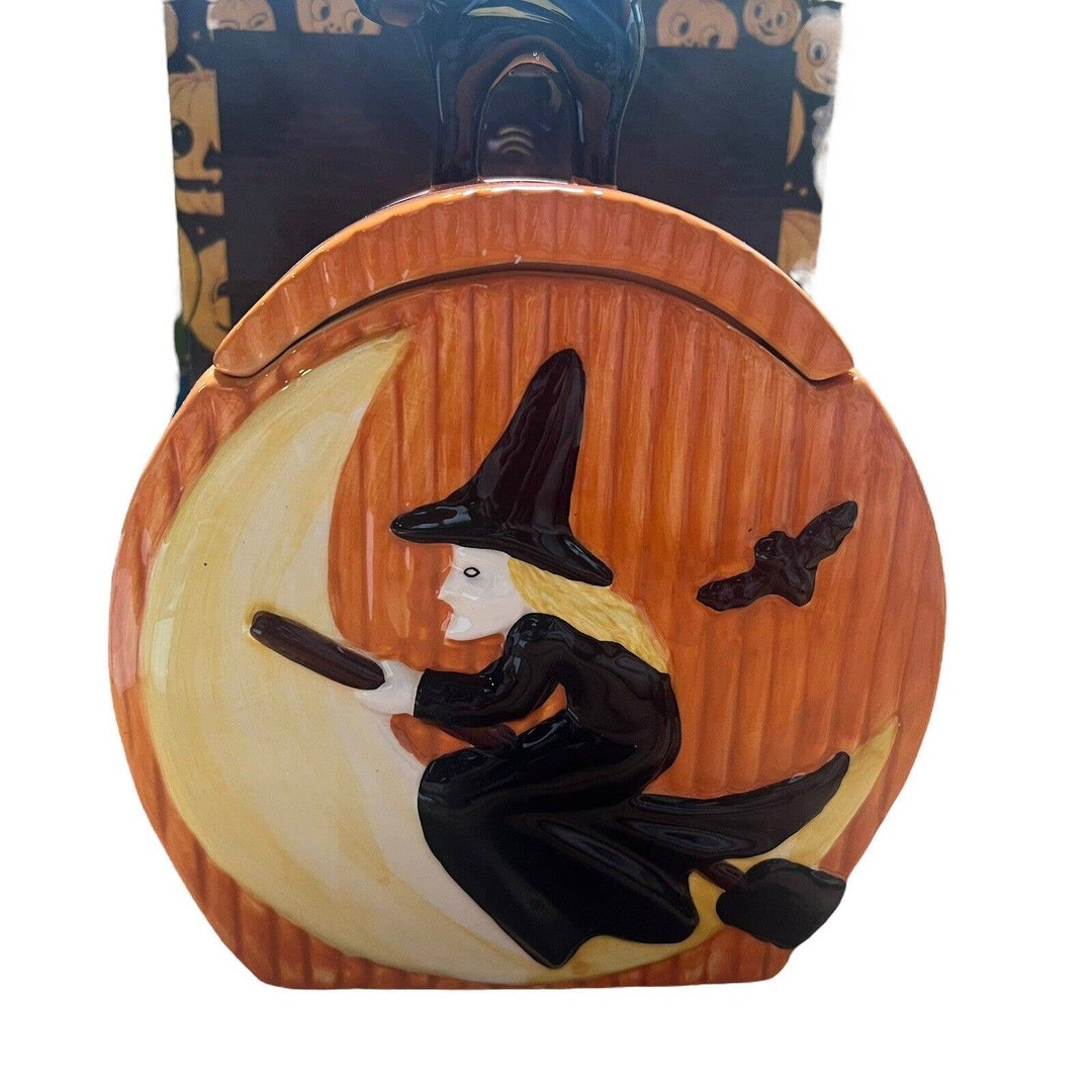 Vintage Cracker Barrel Witch Moon Black Cat on Lid Halloween Orange ...