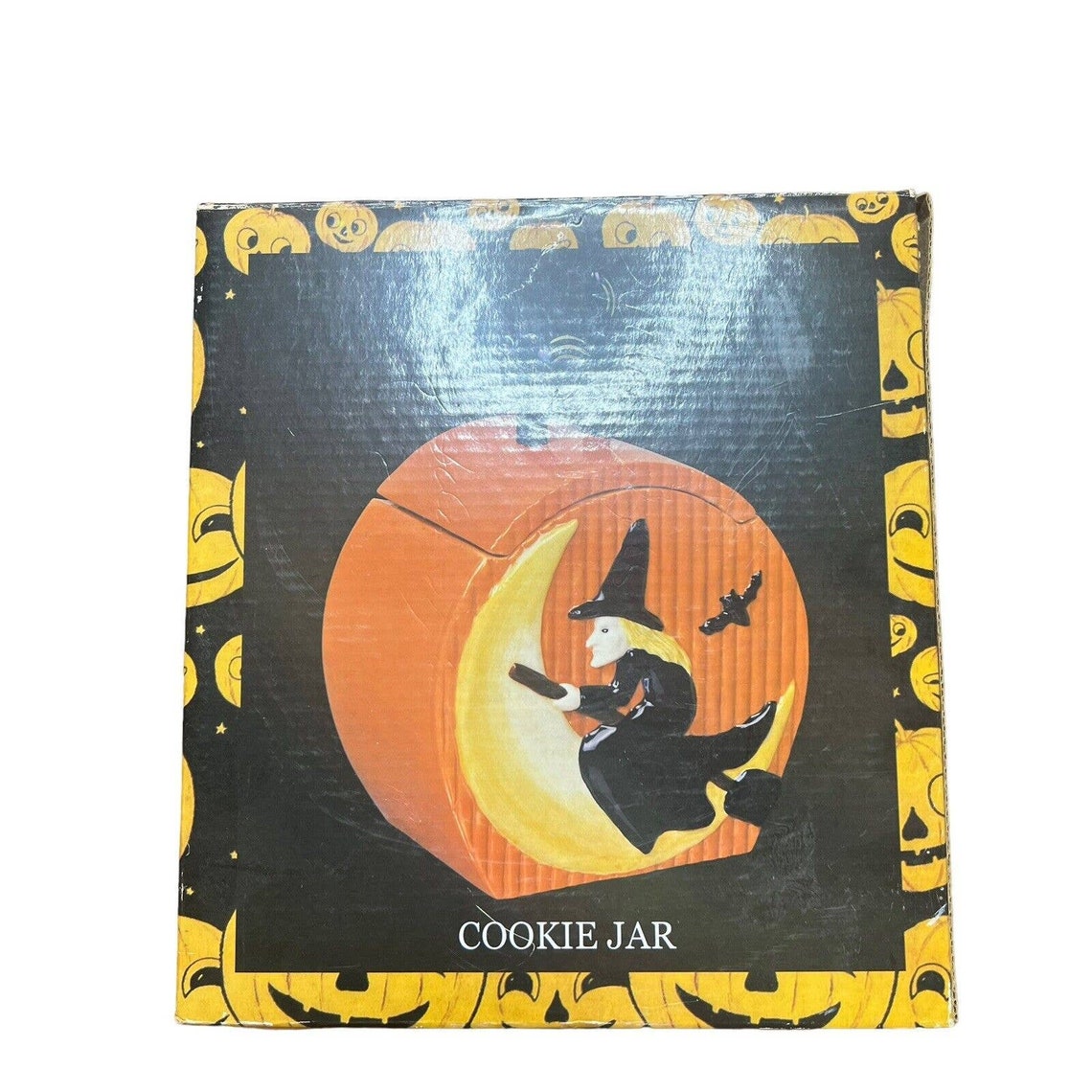 Vintage Cracker Barrel Witch Moon Black Cat on Lid Halloween Orange ...