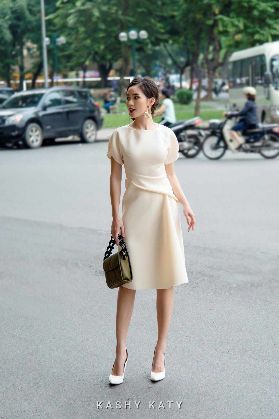 Short Sleeve Draped Waist Midi Dress in Cream - Valentina by Kashy Katy ...