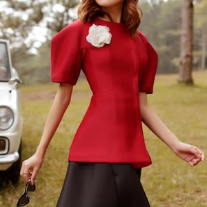 Red Structured Peplum Top With Puff Sleeves – Elegant Waist-defining ...
