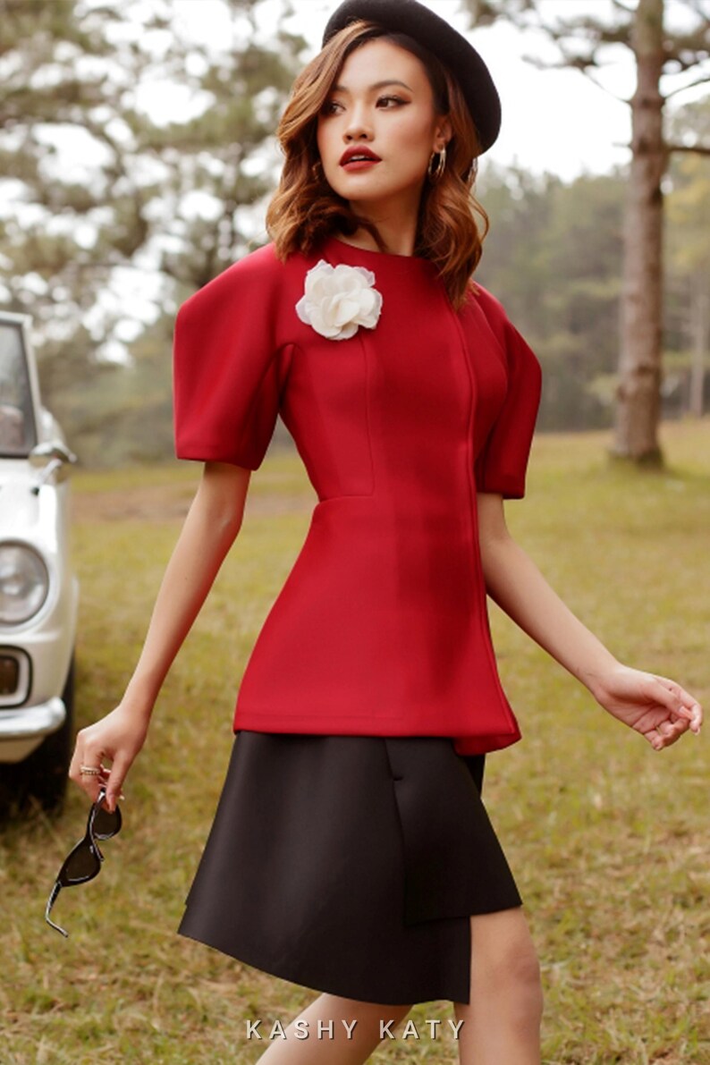 Red Structured Peplum Top With Puff Sleeves – Elegant Waist-defining ...