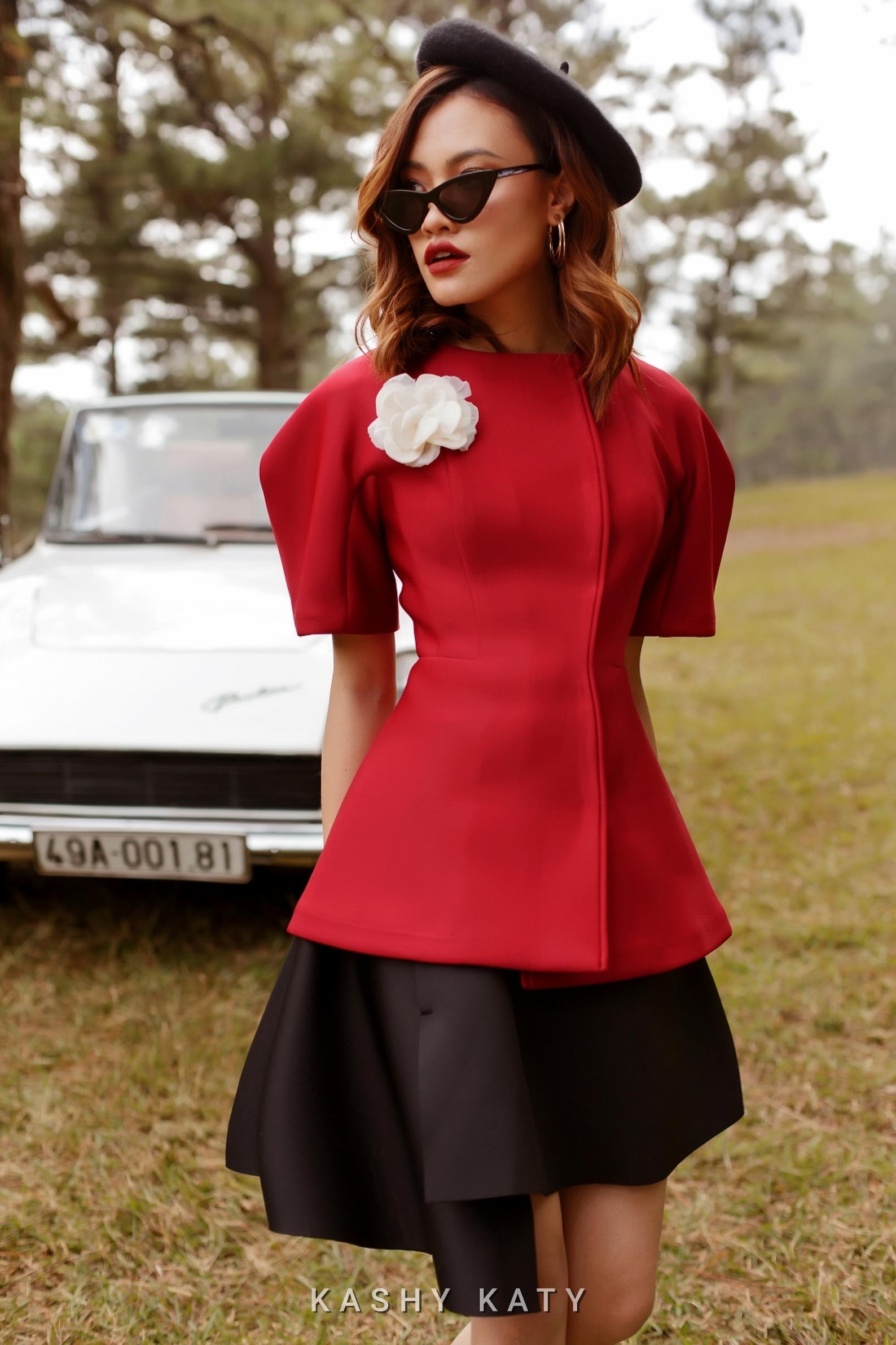 Red Structured Peplum Top With Puff Sleeves – Elegant Waist-defining ...