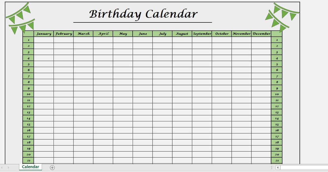 Birthday Calendar Excel Sheet - Etsy