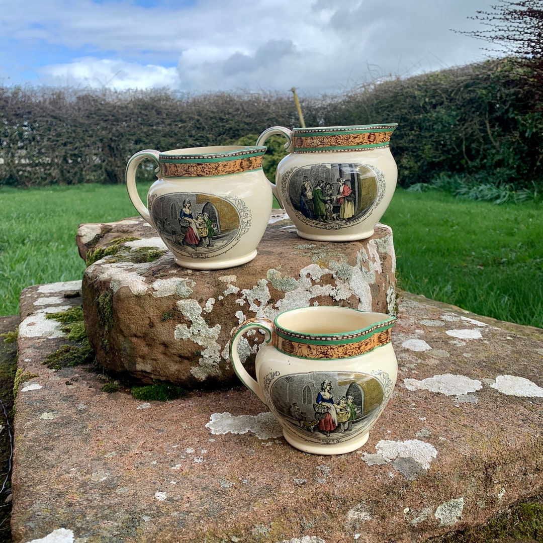 Set of 3 Antique Decorative Graduated Jugs or Pitchers Featuring "cries ...