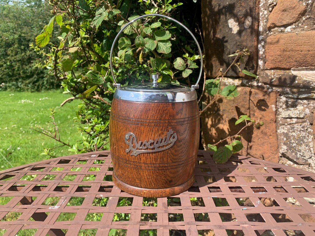 VINTAGE BISCUIT BARREL Original Vintage Pre 1950s Oak and Chrome ...