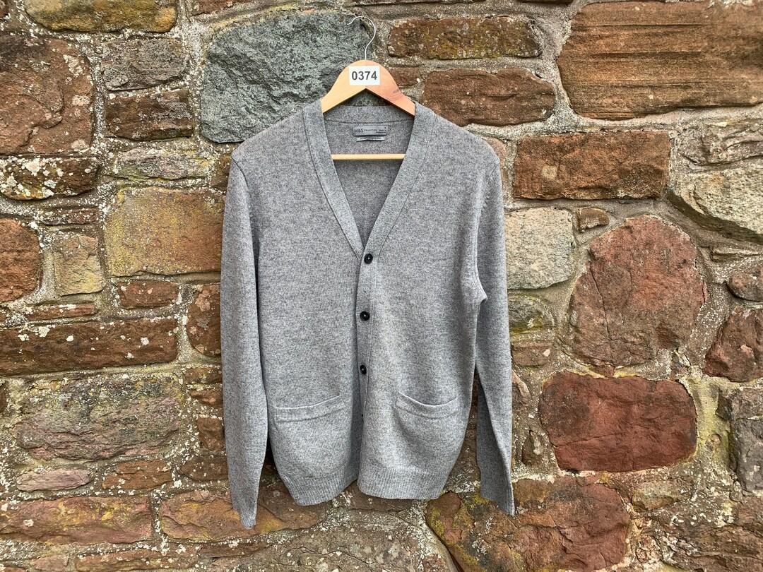 GRANDAD CARDIGAN - Retro 70s Style Lambswool Grandad Cardigan in Grey ...
