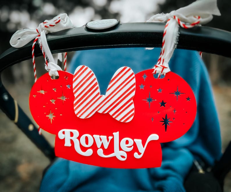 Minnie Mouse Ears Stroller Tag – Custom Acrylic Theme Park Name Sign ...