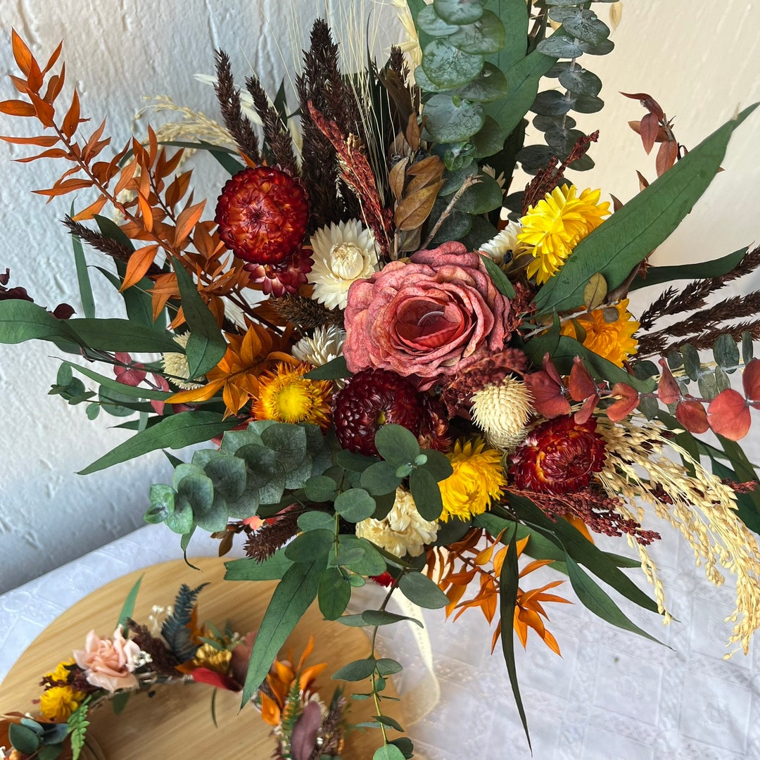 Rustic Dried Flowers Bouquet, Warm Color Flowers Bouquet, Boho Wedding ...