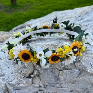 Daisy & Sunflower Flower Crown, Rustic Hair Wreath, Boho Wedding Crown ...