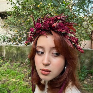 Dried Red Rose Crown, Claret Red Hair Wreath, Bordeaux Wine Flowers ...