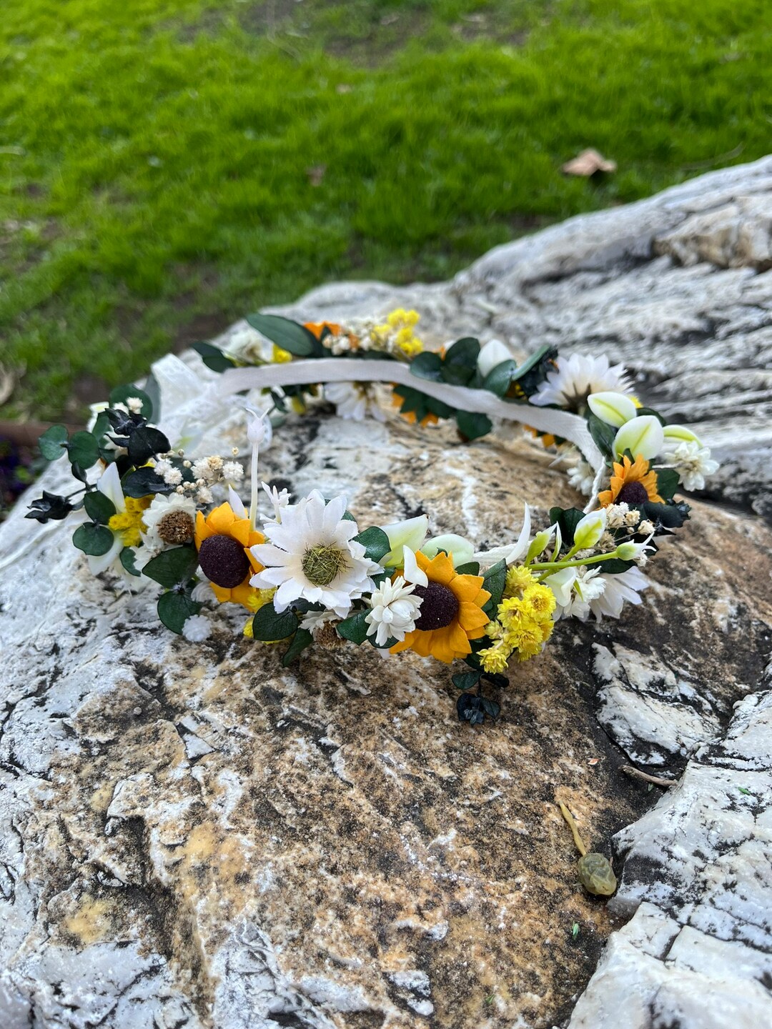 Daisy & Sunflower Flower Crown, Rustic Hair Wreath, Boho Wedding Crown ...