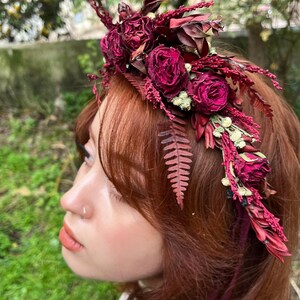 Dried Red Rose Crown, Claret Red Hair Wreath, Bordeaux Wine Flowers ...