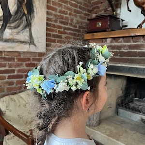 Blue Flower Crown, Green Hair Wreath, Rustic Wedding Crown, Girl Child ...