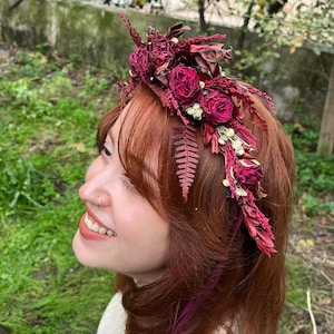 Dried Red Rose Crown, Claret Red Hair Wreath, Bordeaux Wine Flowers ...