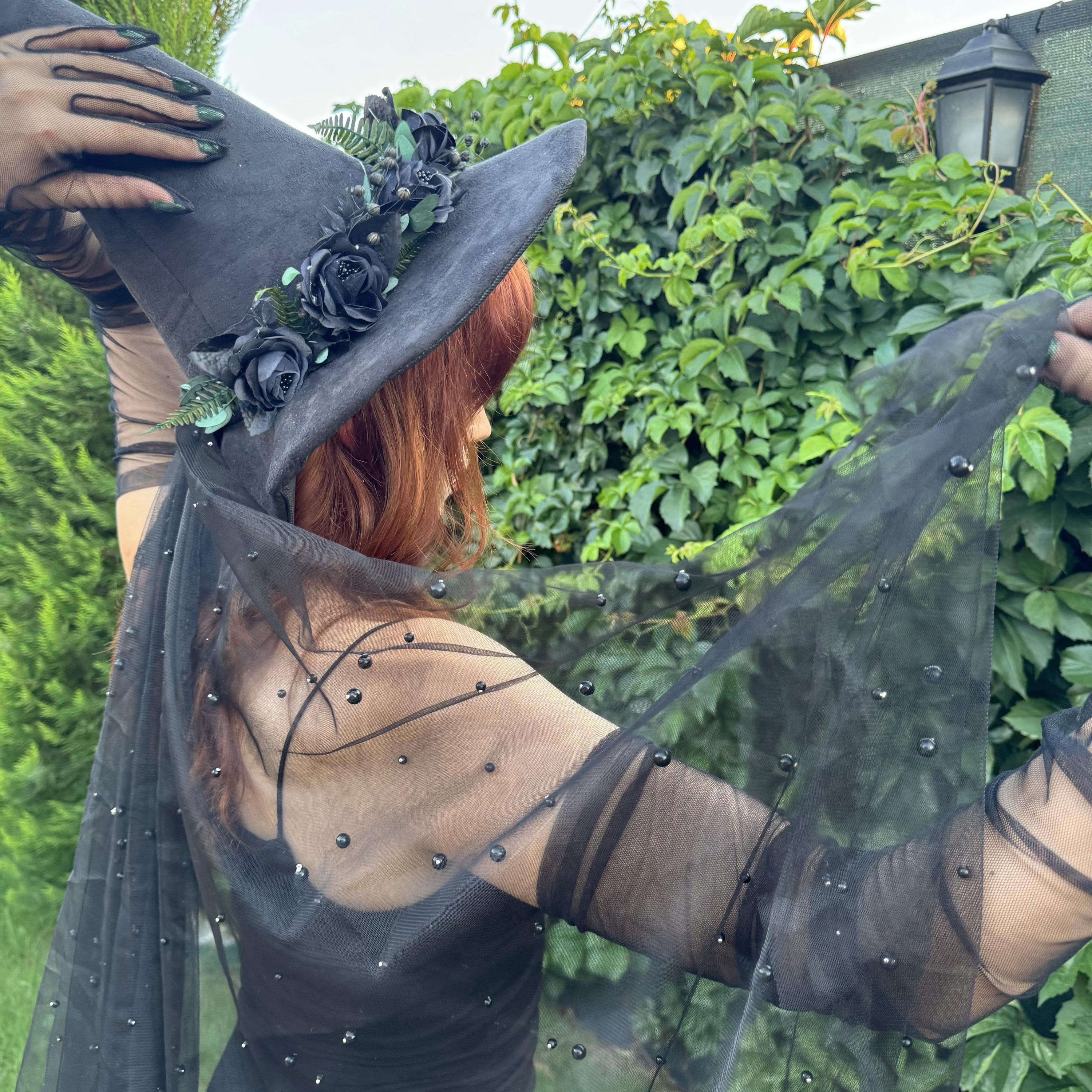 Halloween Black Witch Hat With Black Flower Wreath & Pearly Veil - Etsy