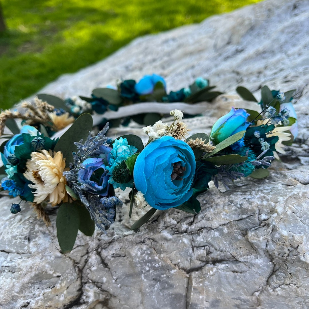 Blue Flower Crown: Boho Wedding Hair Wreath With Dried Flowers - Etsy