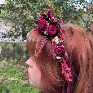 Dried Red Rose Crown, Claret Red Hair Wreath, Bordeaux Wine Flowers ...
