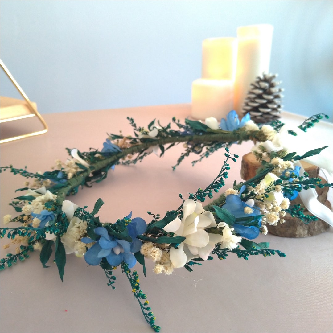 Blue Dried Flower Crown: Boho Wedding Hair Wreath - Etsy
