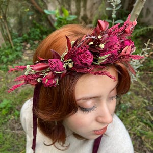 Dried Red Rose Crown, Claret Red Hair Wreath, Bordeaux Wine Flowers ...