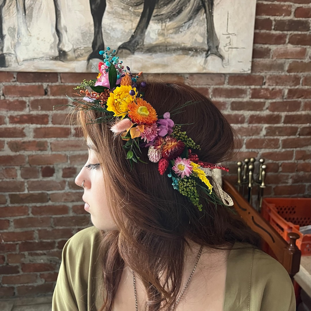 Rainbow Flower Crown, Dried Flowers Hair Wreath, Boho&rustic Wedding ...