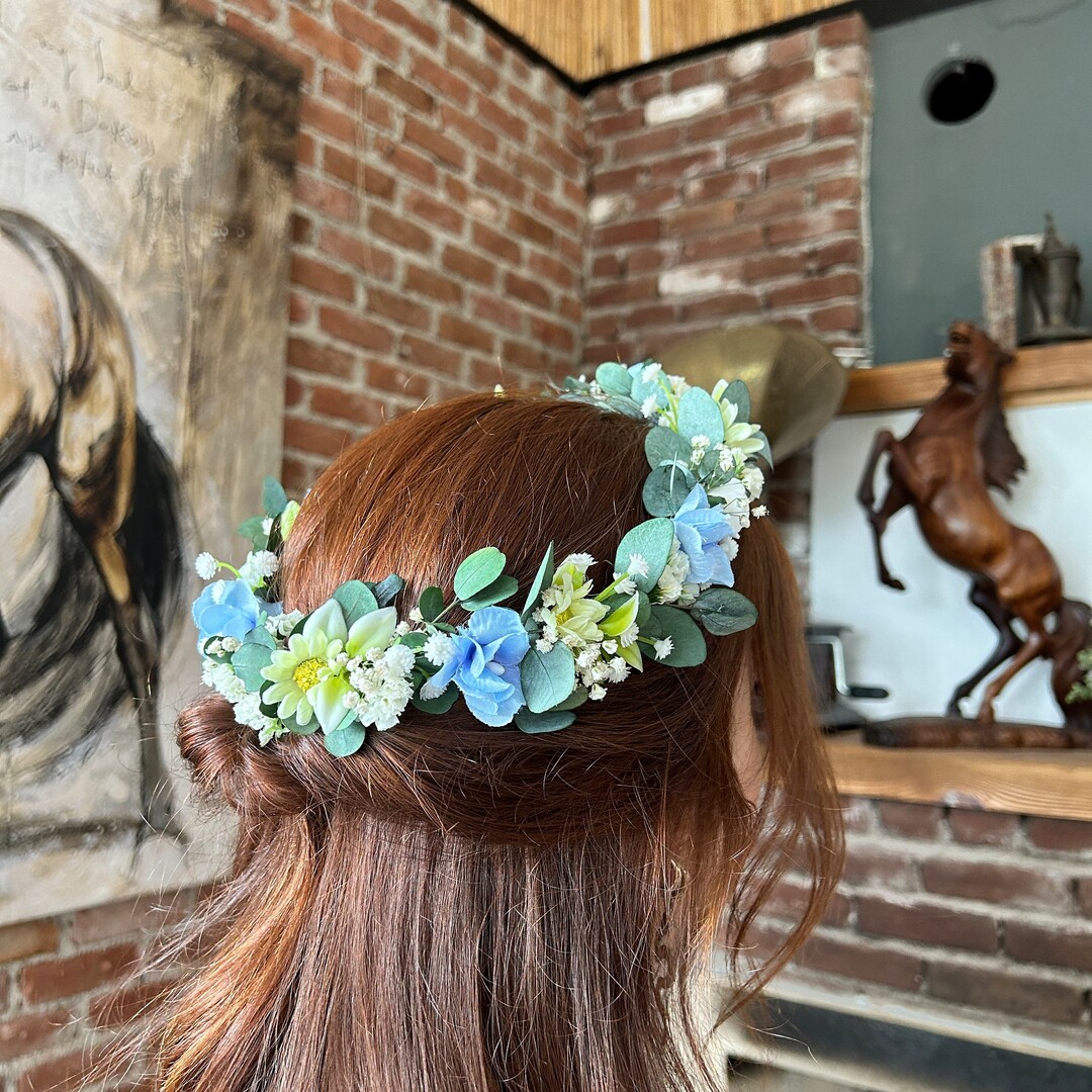 Blue Flower Crown, Green Hair Wreath, Rustic Wedding Crown, Girl Child ...
