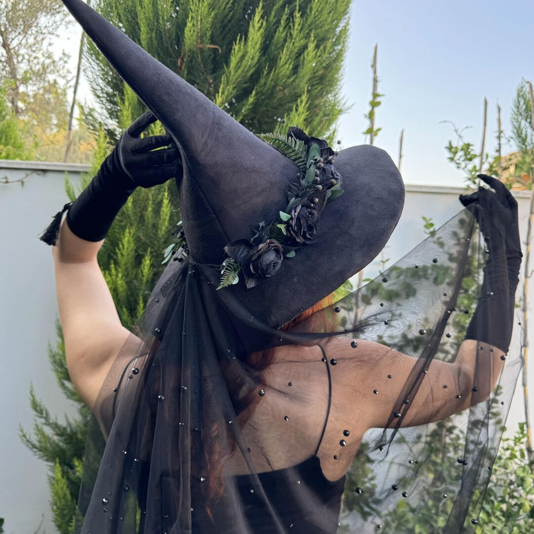 Halloween Witch Hat With Black Flower Wreath & Pearly Veil - Etsy