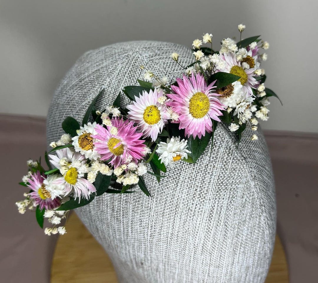 Handmade Pink Daisy Flower Crown: Boho Wedding Hair Wreath - Etsy