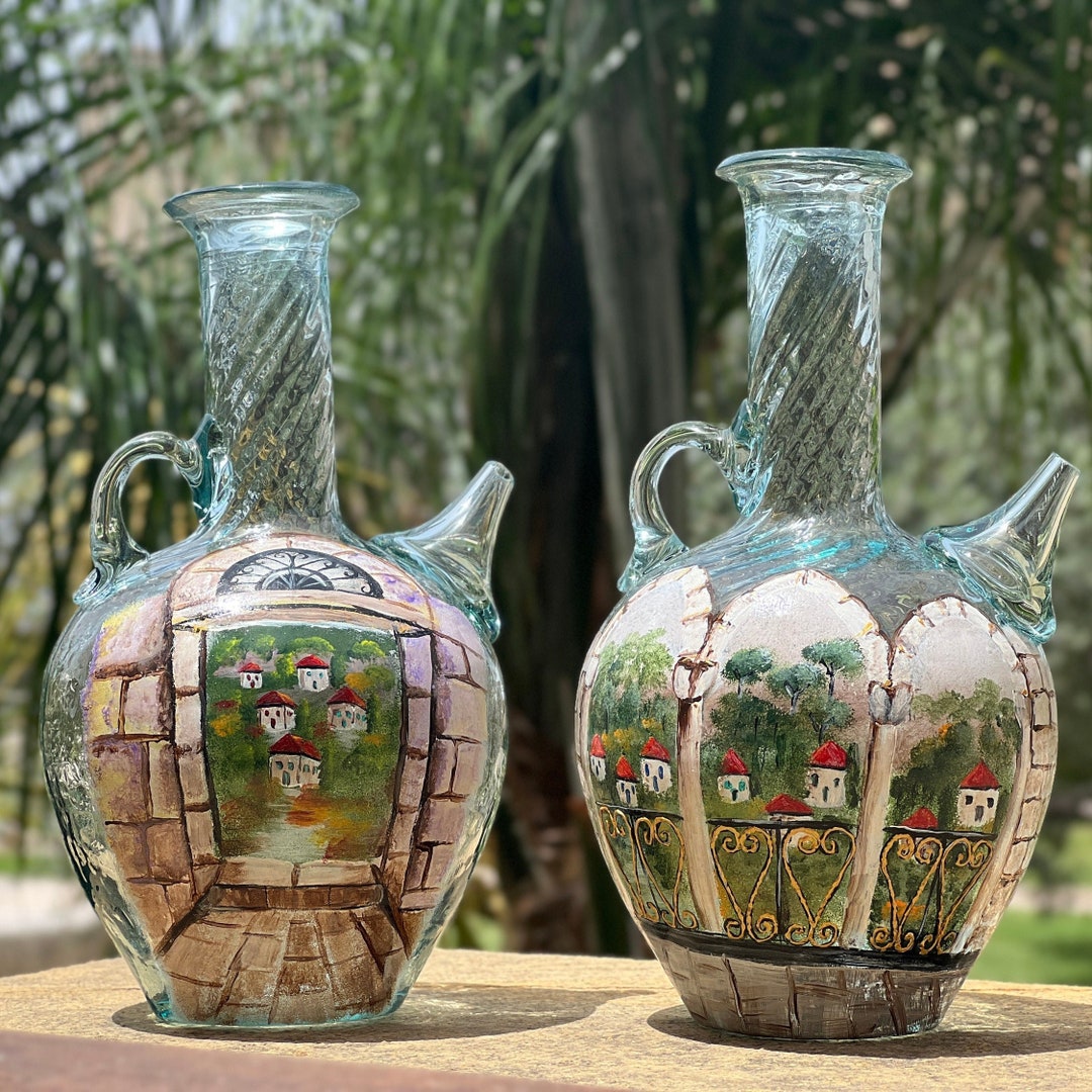 1.5L Handpainted Traditional Lebanese Recycled Glass Water Jug Ibrik ...