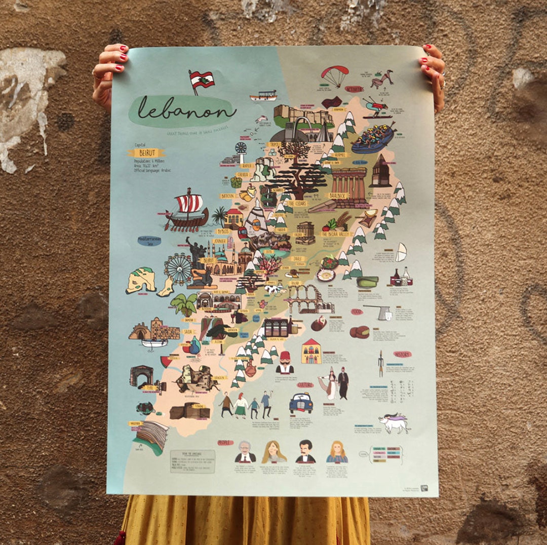 50x70cm Printed Lebanon Map Poster Lebanon Wall Art Lebanon Landmarks ...