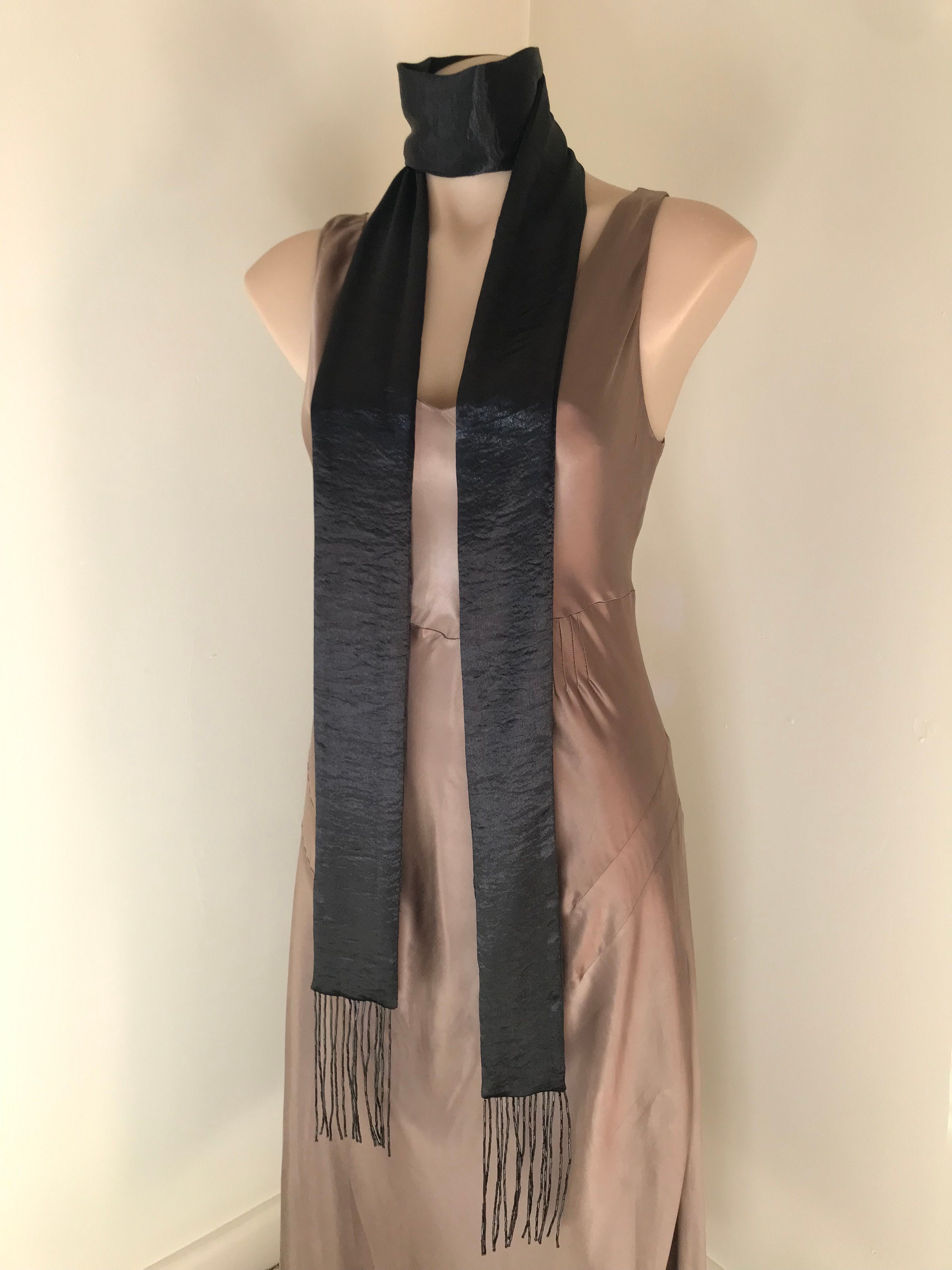 Black Satin 70s Skinny Thin Dress Scarf With Beaded Glass Tassle Fringe ...