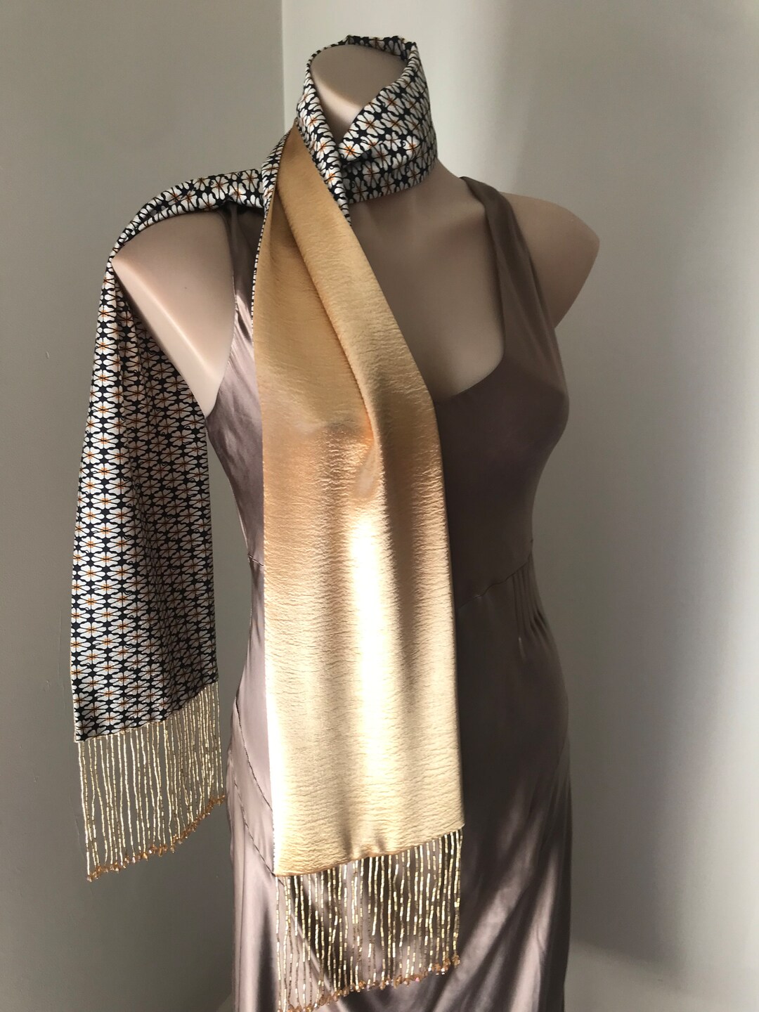 Vintage Kimono Silk Scarf: Black White Sakura Print, Gold Beaded Fringe ...