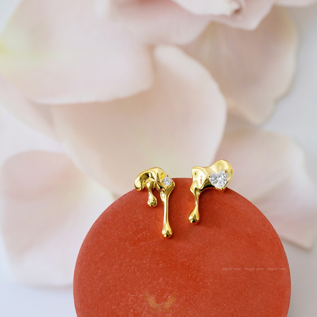 Asymmetric Drip Earrings; Gold Molten Earrings; Mismatched Earrings ...