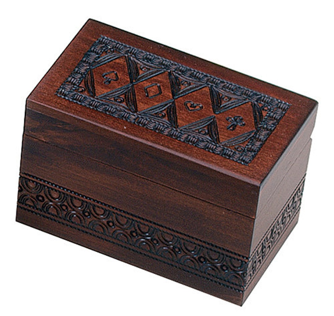Wood Playing Card Box With Suits Motif Walnut Finish Hand Made in ...