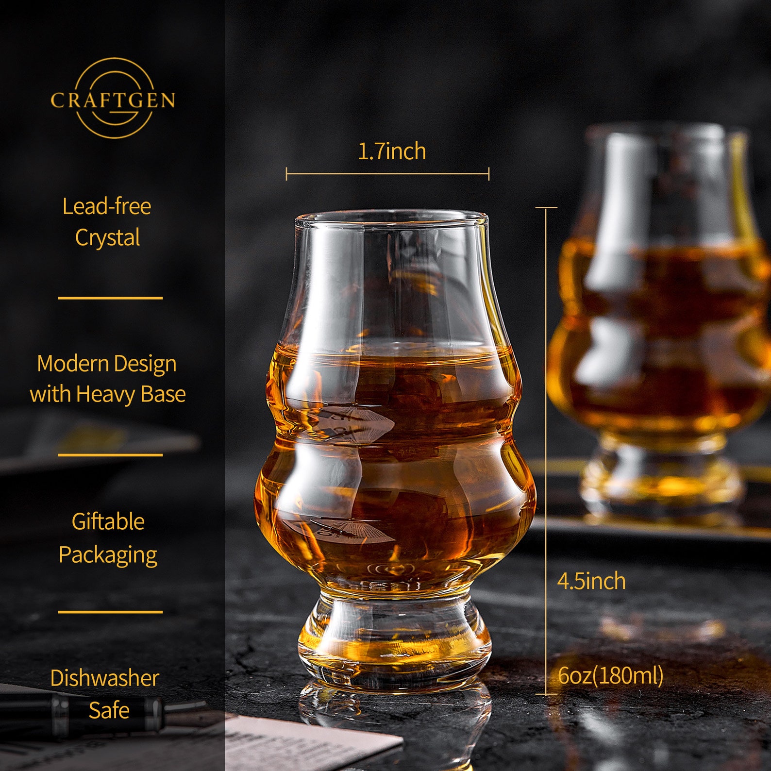CRAFTGEN Whiskey Bourbon Tasting Glasses Set of 2, Crystal Snifter ...
