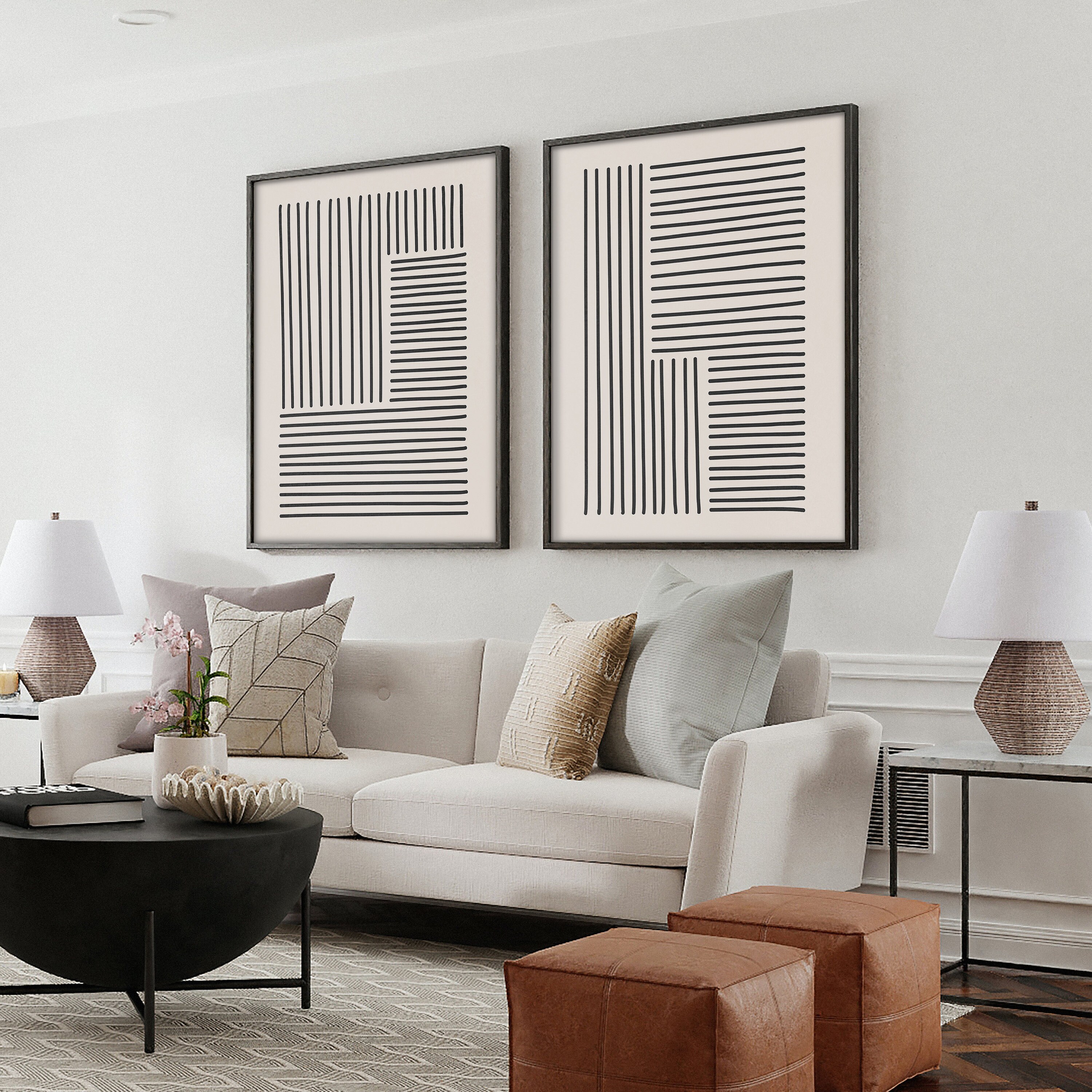 Minimalist Geometric Line Art Set of 2 Prints Neutral Square - Etsy