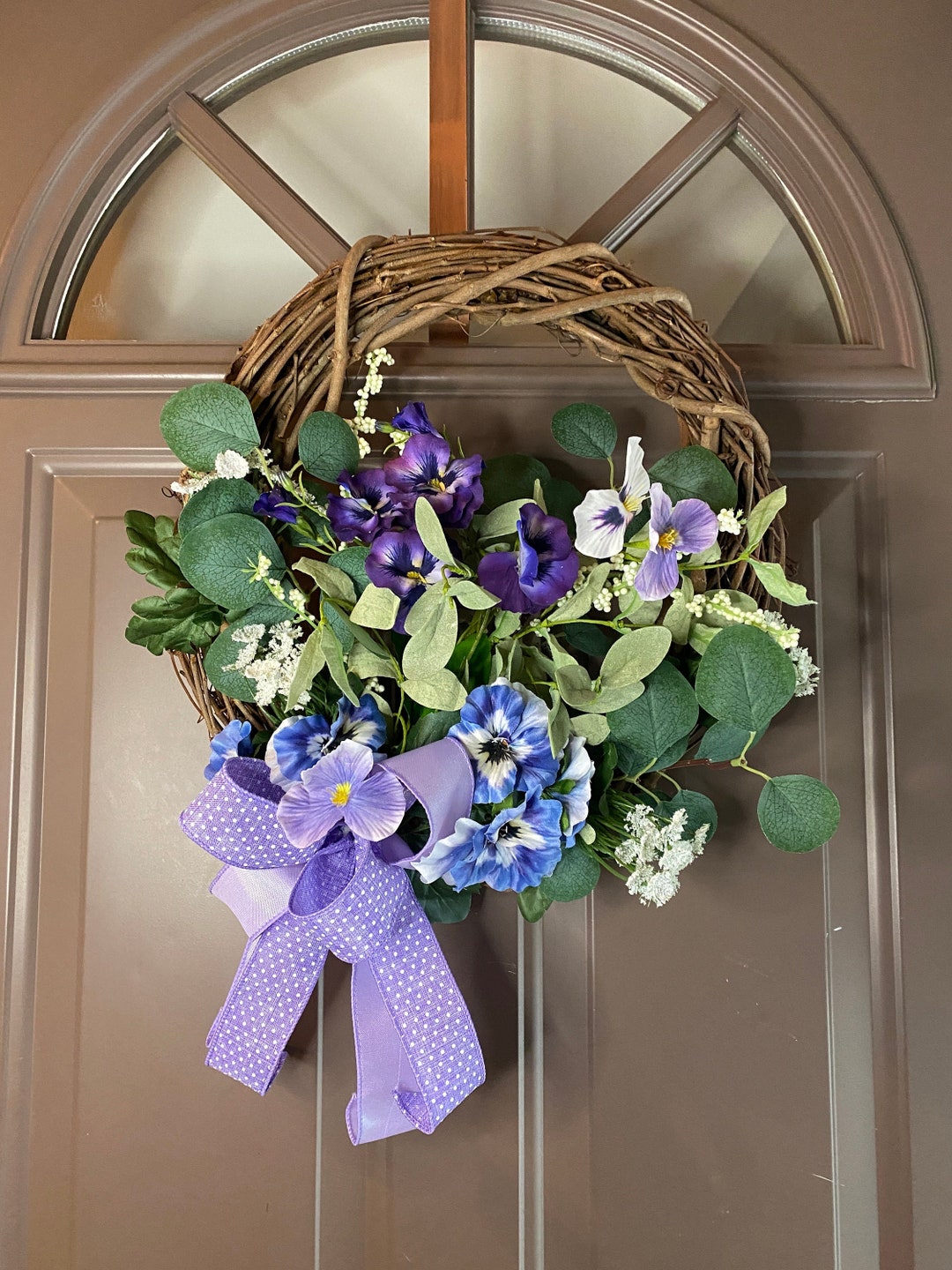 Pansy Wreath for Front Door, Purple Pansy Wreath, Year Round Wreath ...