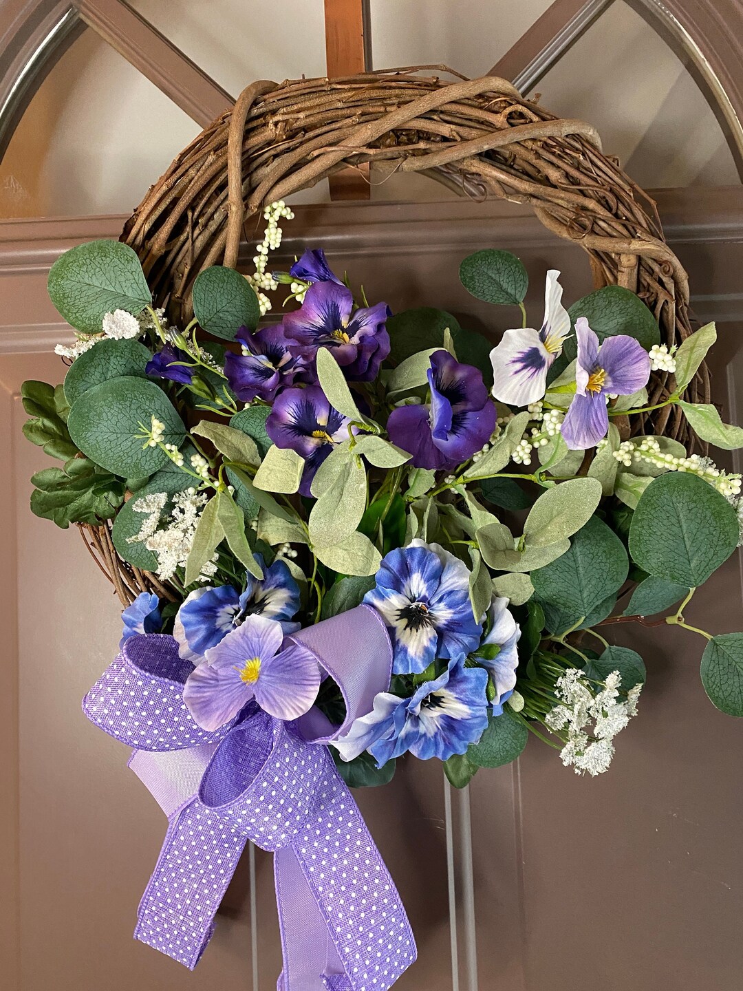 Pansy Wreath for Front Door, Purple Pansy Wreath, Year Round Wreath ...