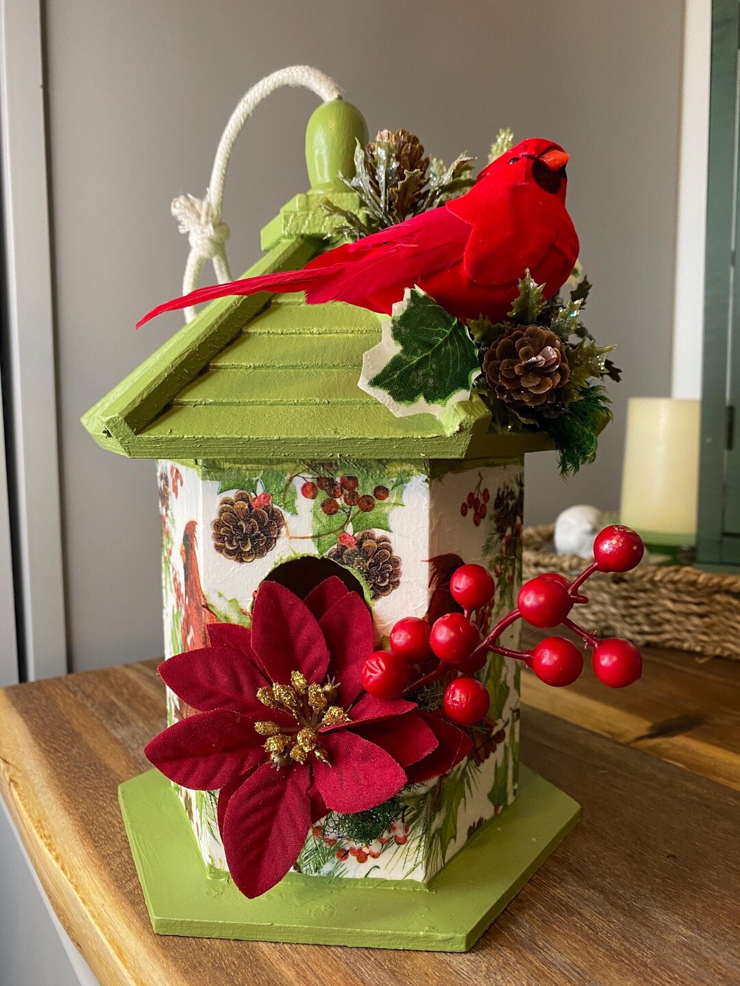 Christmas Wood Birdhouse, Cardinal Birdhouse, Decoupage Birdhouse ...