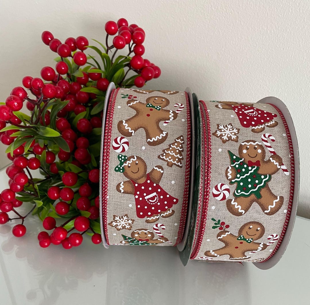 New 2025 Kirkland Ribbon - Gingerbread Figures on a Fine Burlap Style ...