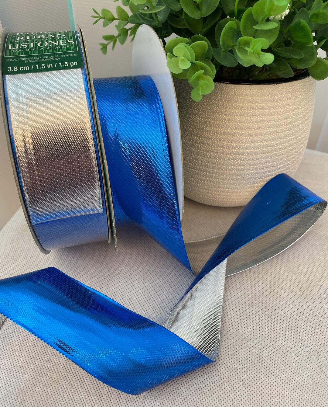 Luxury Kirkland Ribbon Metallic Blue With Silver Reverse 38mm Width ...