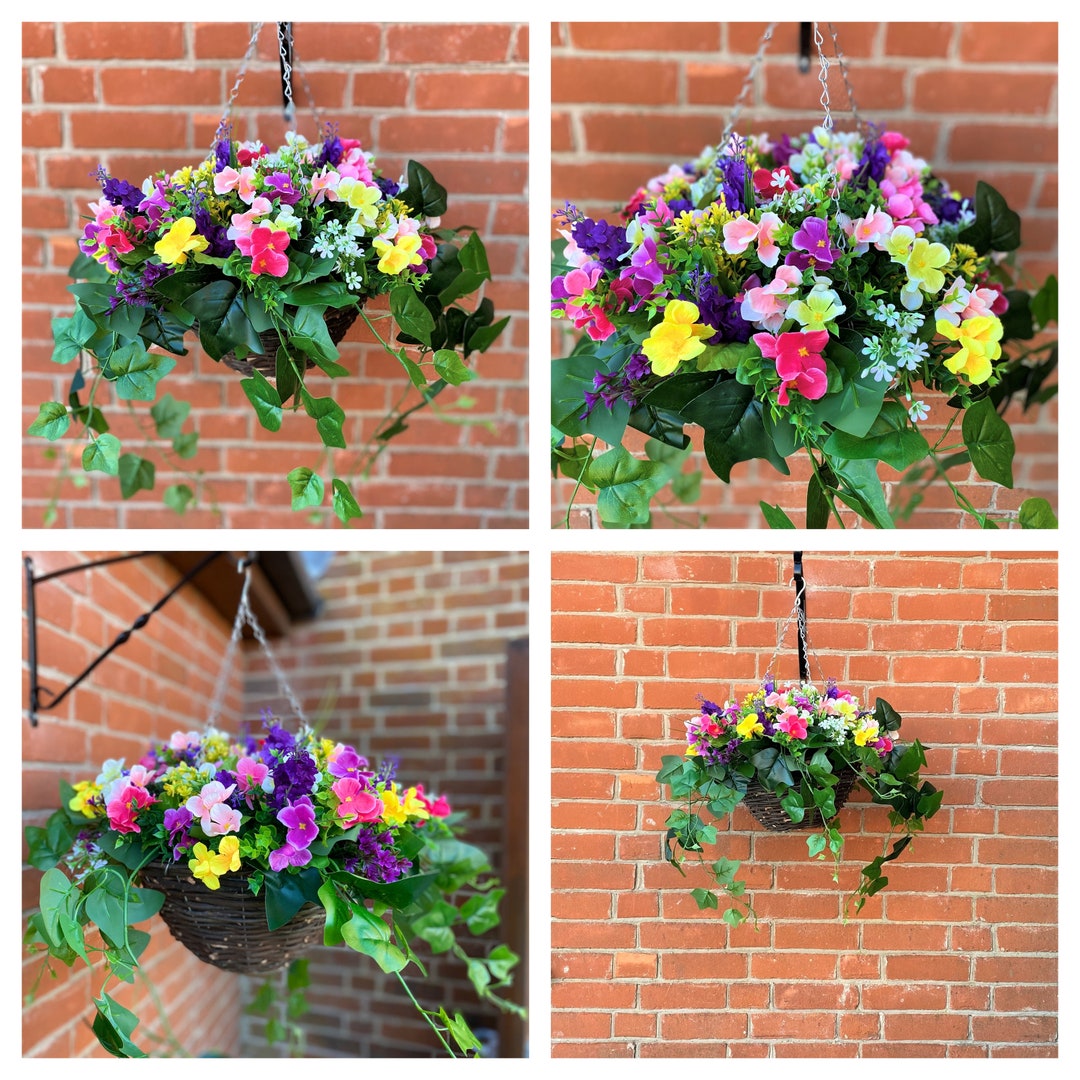 Artificial Flower Hanging Basket Hydrangea & Wild Flowers With Trailing ...