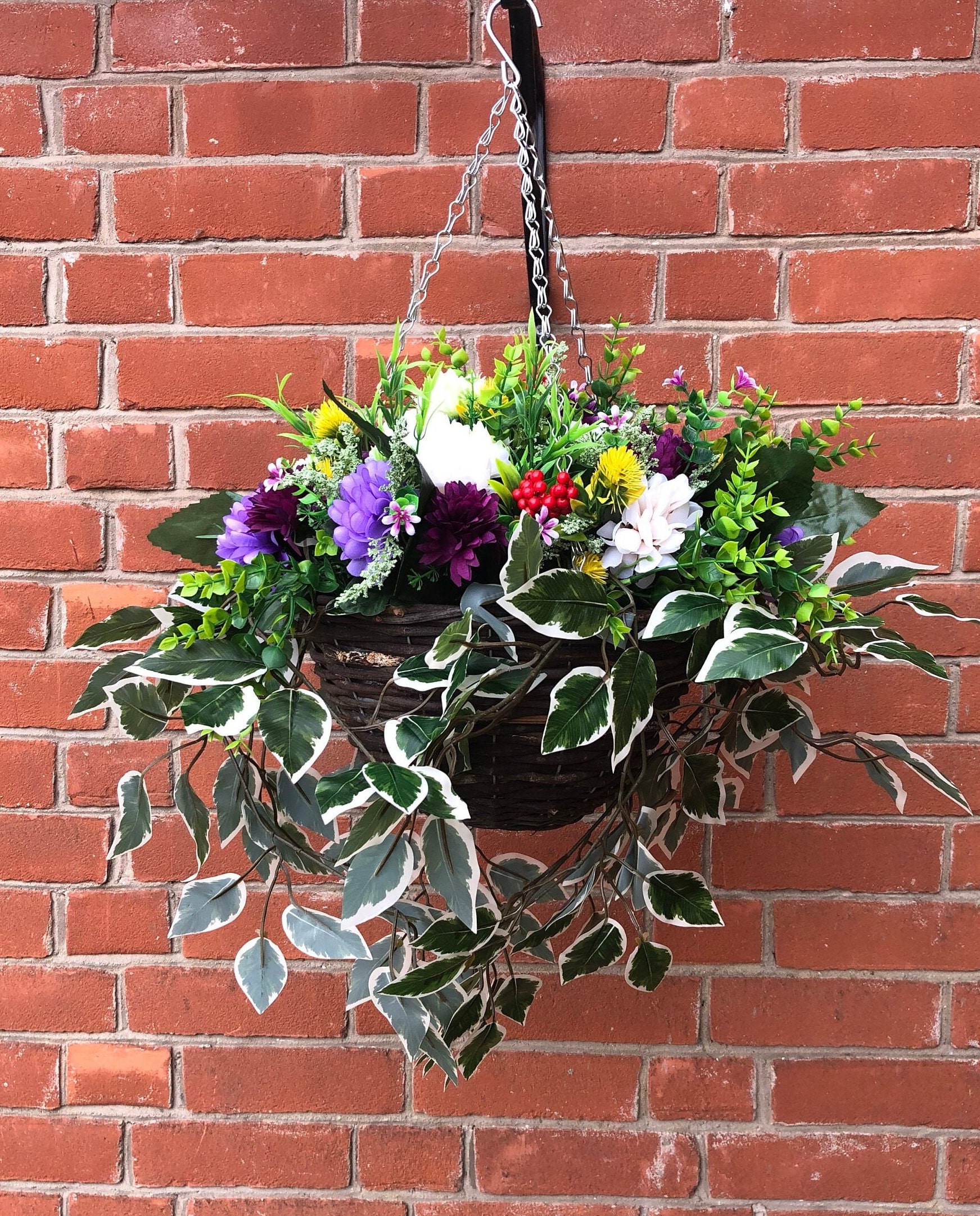 New Autumn Artificial Hanging Basket With Chrysanthemums Berries Various Trailing Greenery Hand Made
