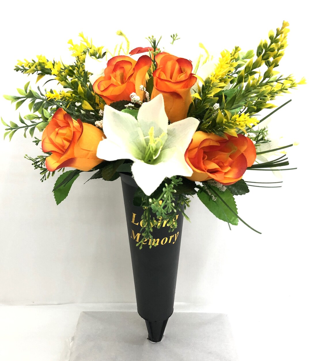 Grave Spike With Artificial Flowers, Orange Lilies & Ivory Roses With ...