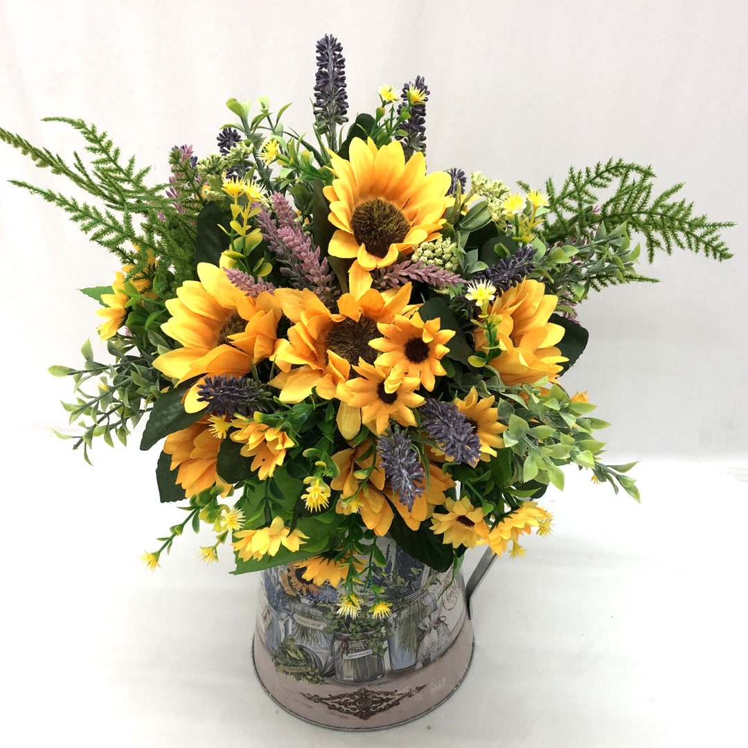 Artificial Flower, Metal Jug, Display, Sunflowers, Lavender, and ...