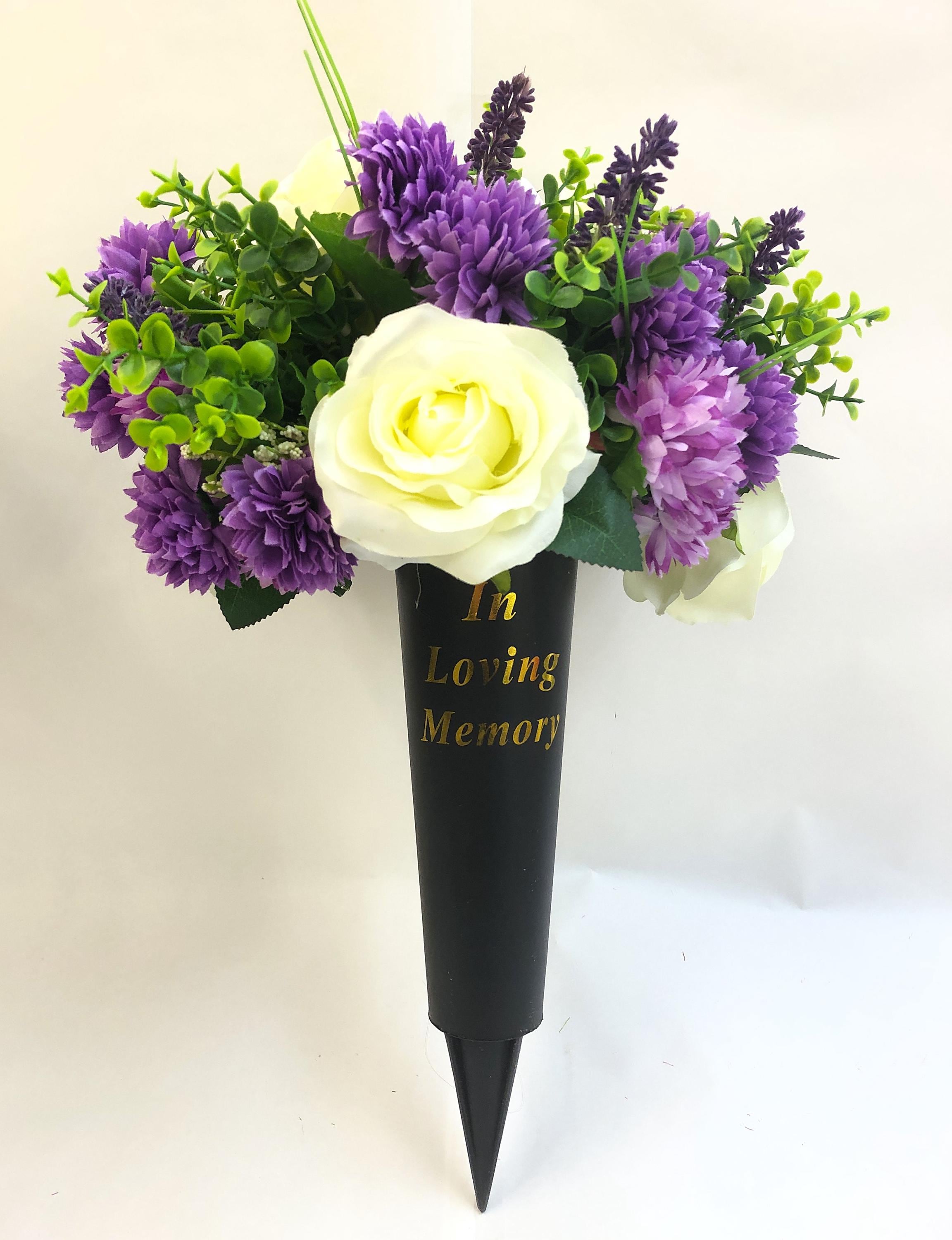 Grave Spike or Pot With Artificial Flowers, Chrysanthemums, Roses and ...