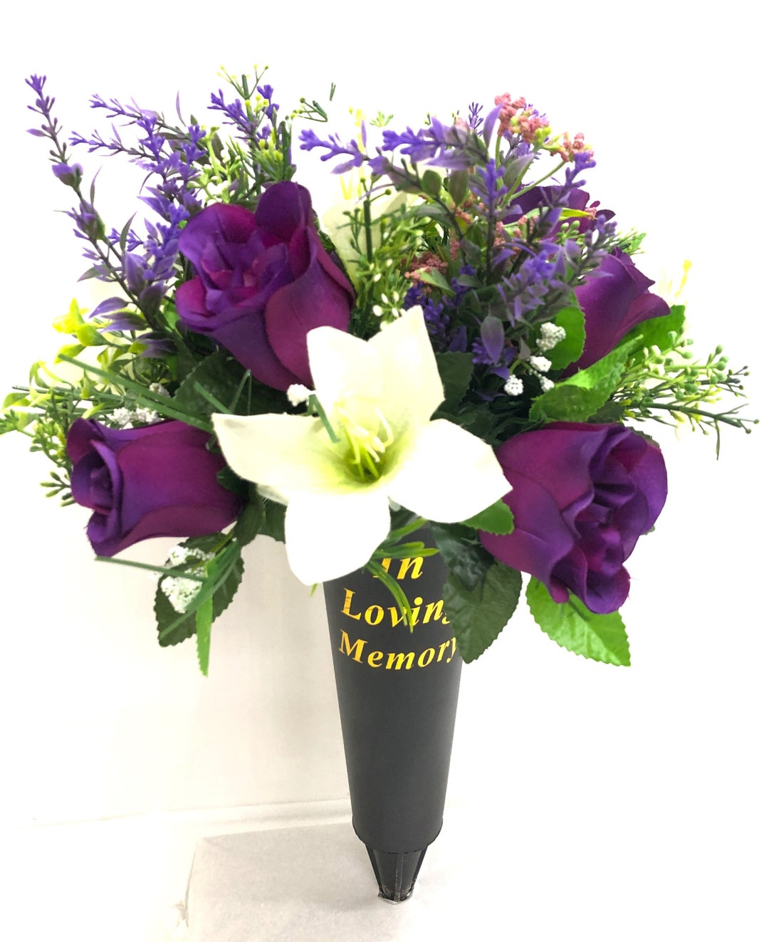 Grave Spike With Artificial Flowers, Purple Lilies & Ivory Roses With ...